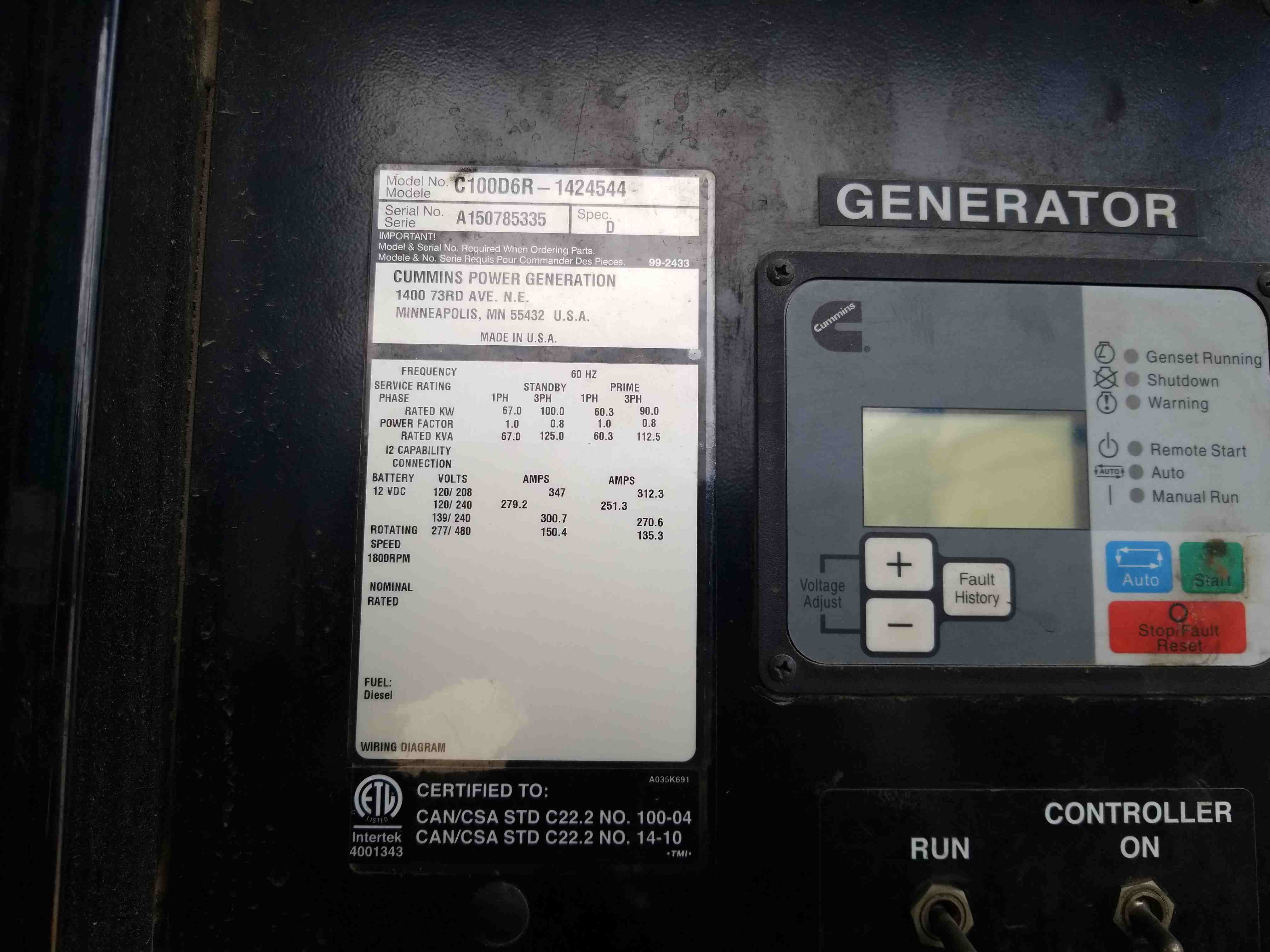 Used 2015 Cummins C100D6R WOG Diesel Generator For Sale in Beaumont, TX ...